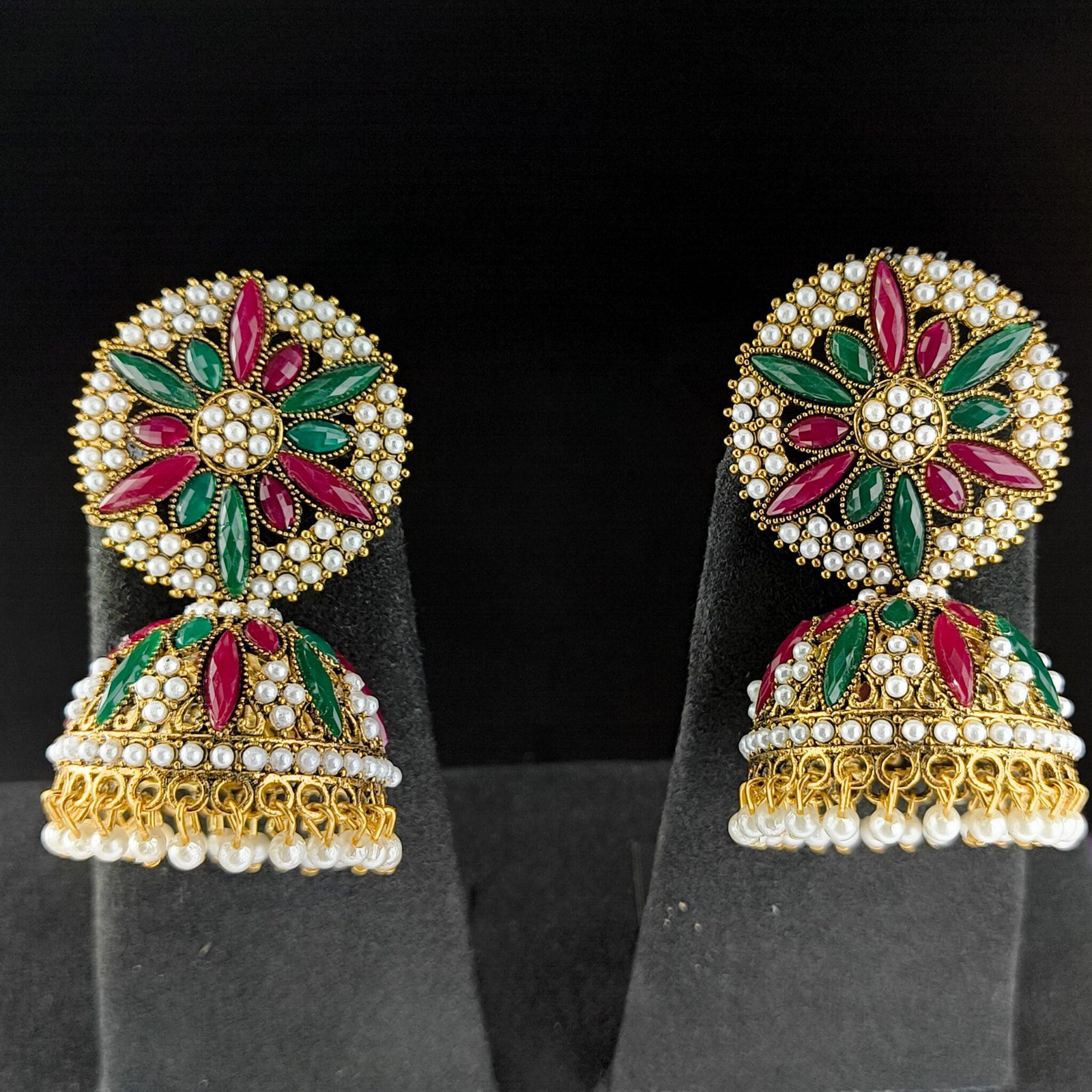 Traditional Golden Red and Green with Pearls Jhumka Earring